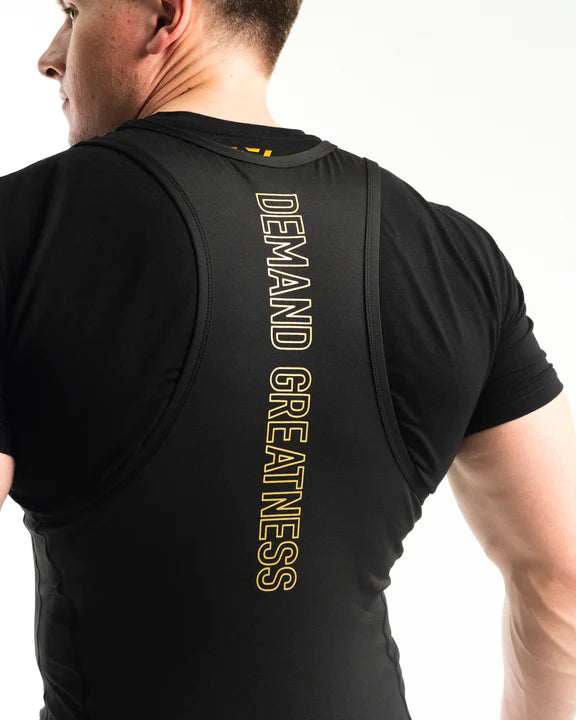 Singlet negro con dorado powerlifting A7 LUNO Gold – Berzerk Strength
